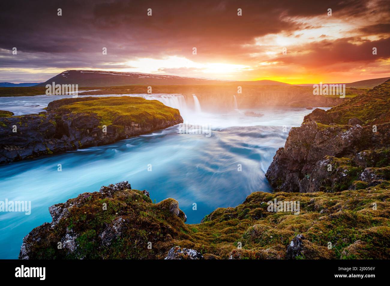 Great rapid flow of water powerful Godafoss cascade. Popular tourist ...