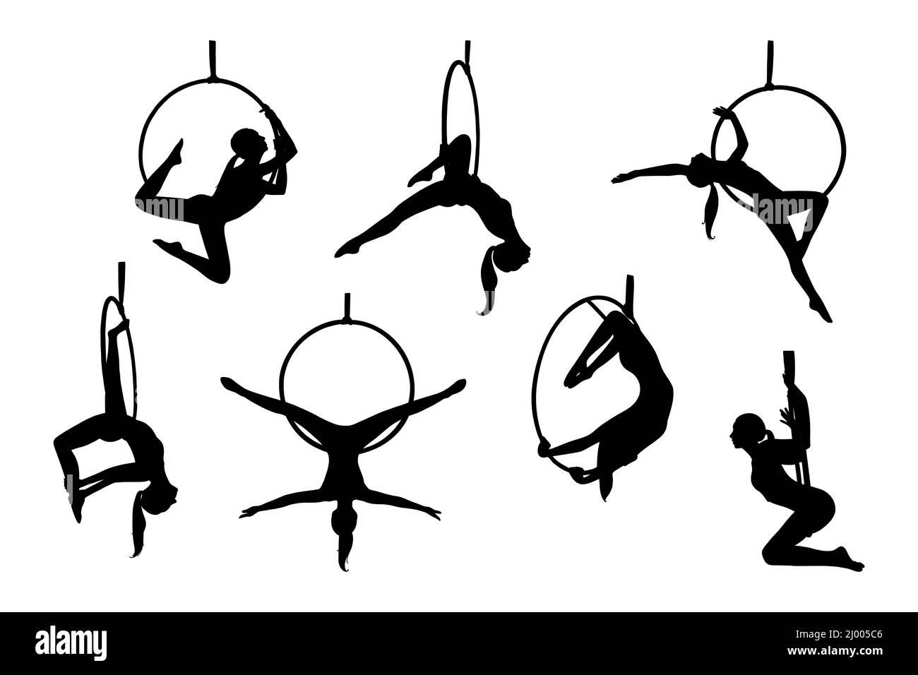 Aerial female gymnast silhouette in hoop. Aerial gymnastics stunt ...