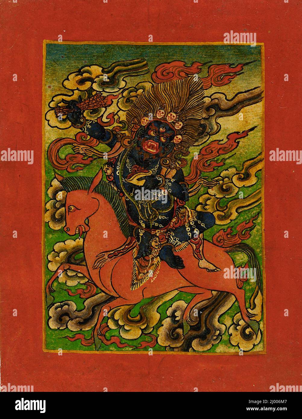 Male Deity on a Red Horse, Nyingmapa Buddhist or Bon Ritual Card. Tibet ...