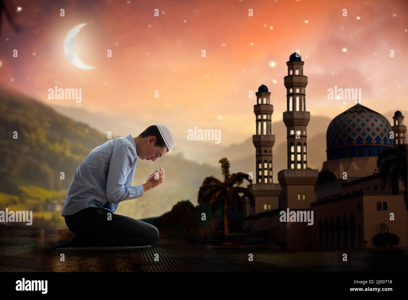 Ramadan Kareem greeting. Man with prayer beads in mosque. Muslim male ...