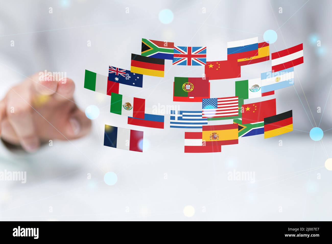 Blurred man's hand reaching to the 3d rendered flags Stock Photo - Alamy