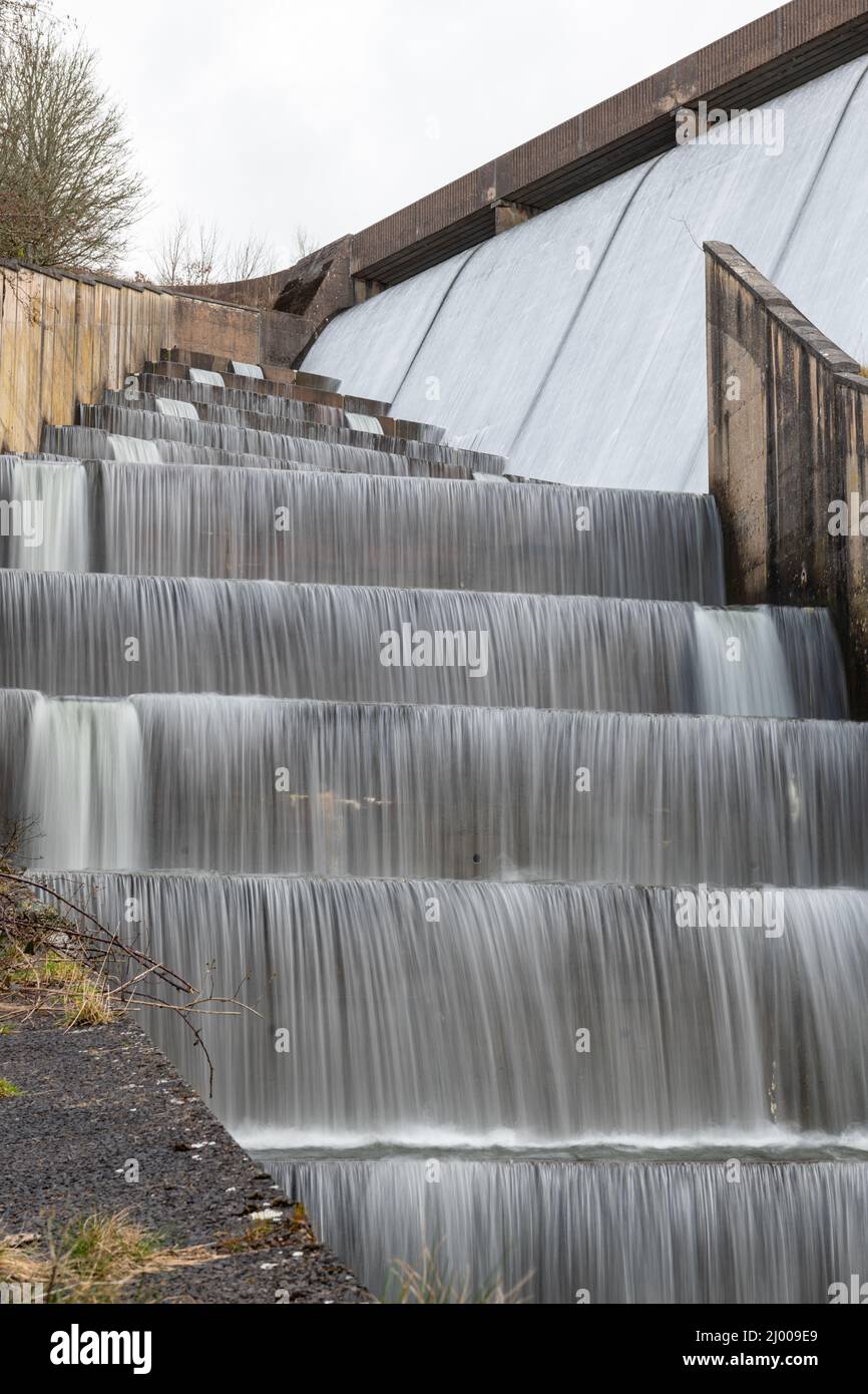 Long exposure of the waterfalls flowing over Wimbleball dam in Somerset ...