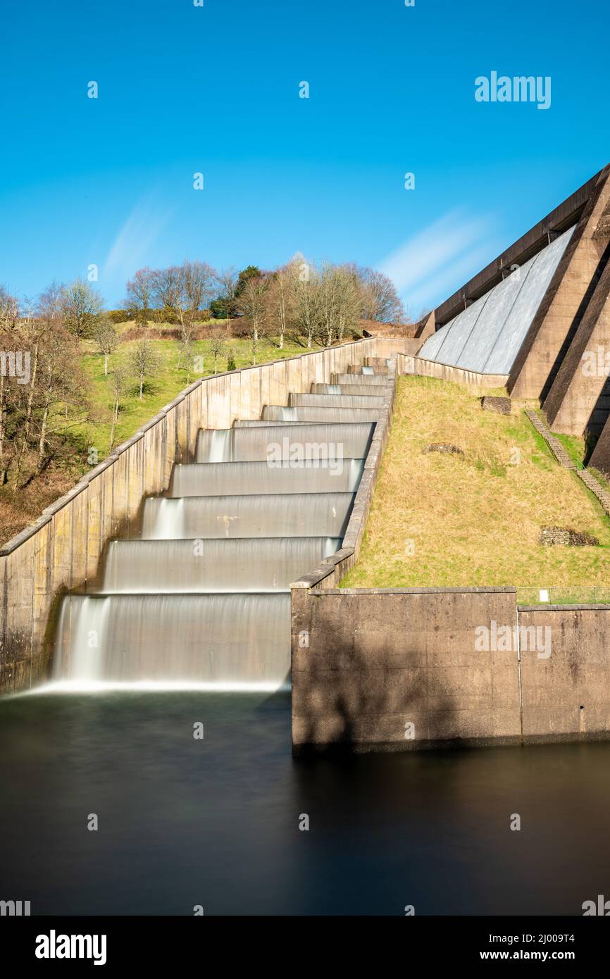 Long exposure of the waterfalls flowing over Wimbleball dam in Somerset ...