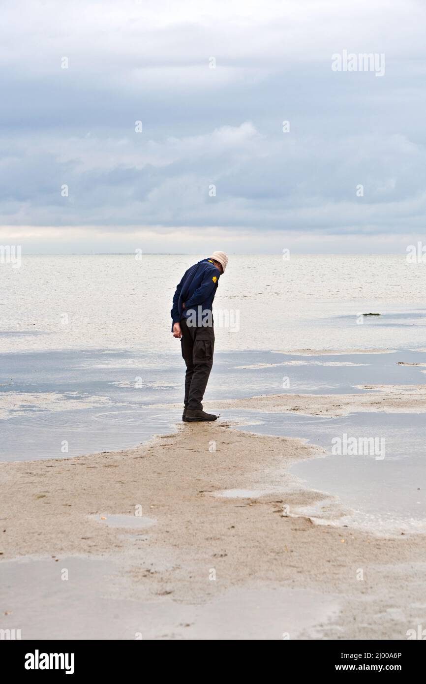 man walking in tidal flat Stock Photo - Alamy