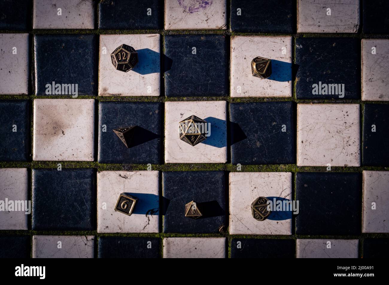overhead image of a set of Role-playing gaming dice on black and white ...