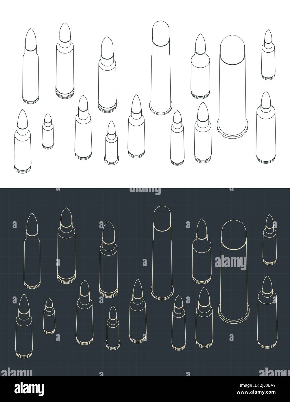 Stylized vector illustrations of bullets of various calibers set Stock ...