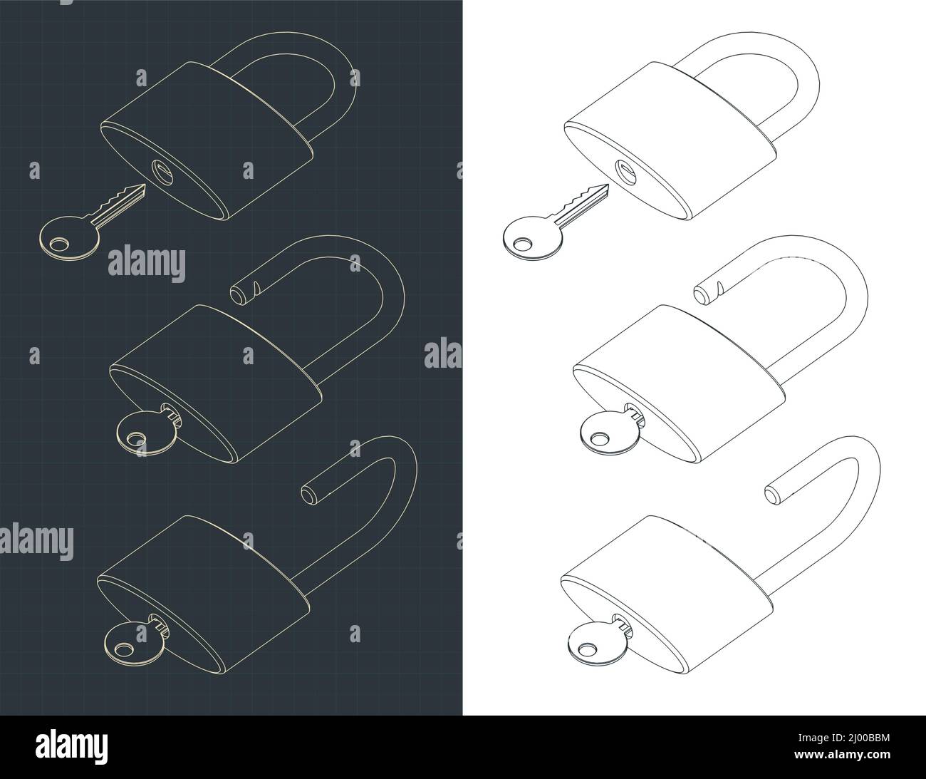 Stylized vector illustrations of drawings of padlock with key in ...