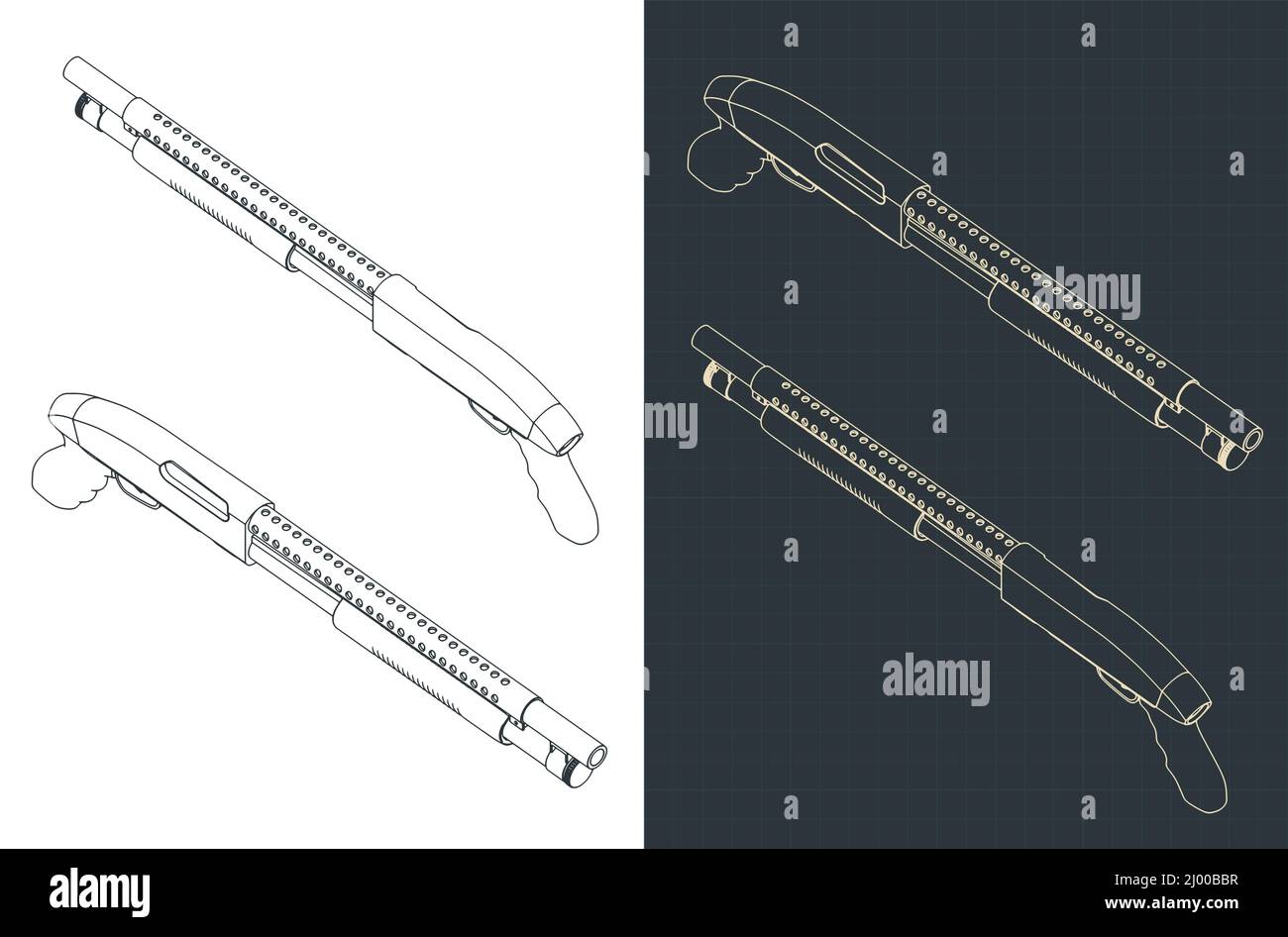 Stylized vector illustrations of isometric blueprints of shotgun Stock ...