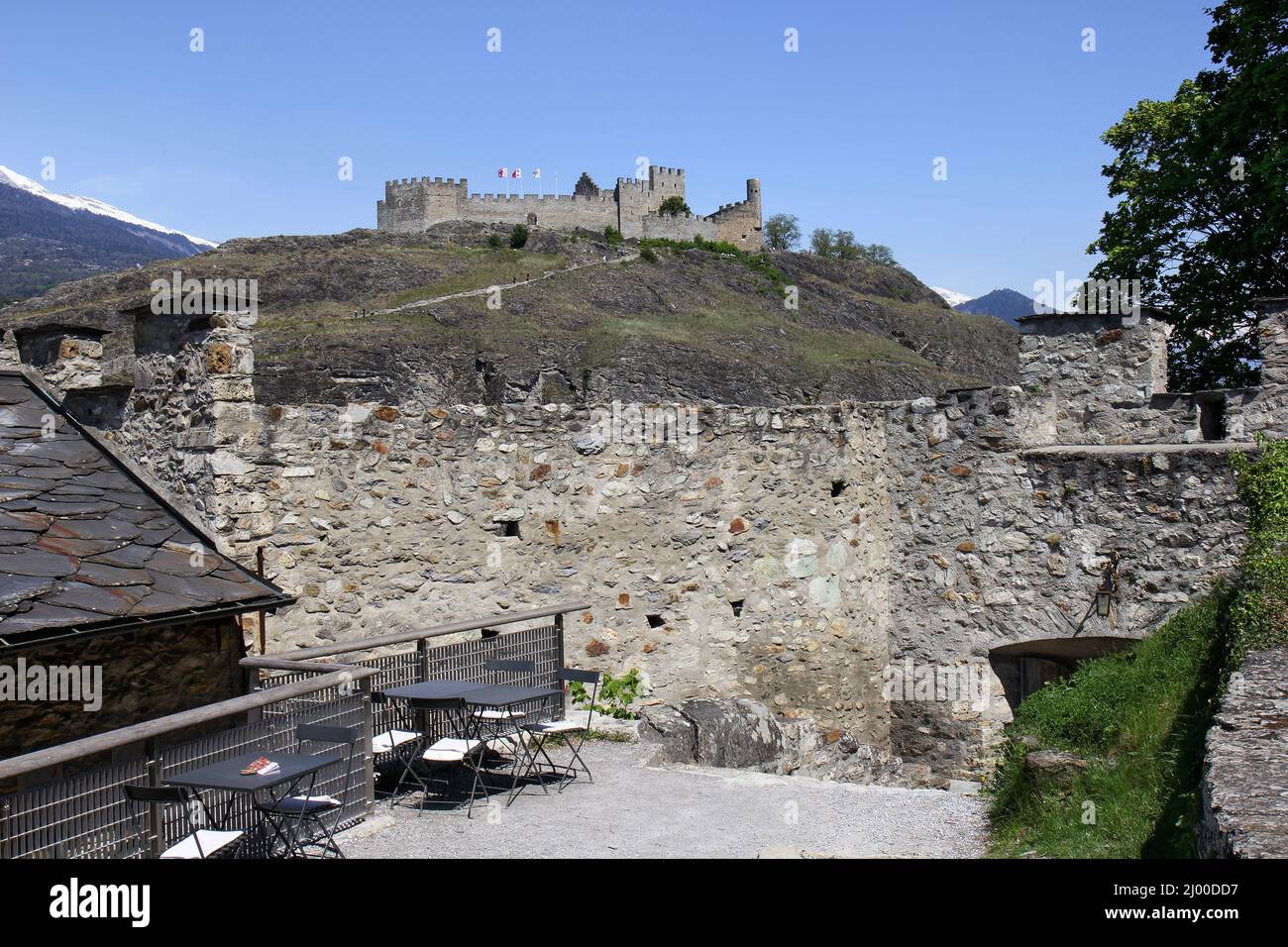 Tourbillon Castle is viewed from the fortified Basilic of Valere, Sion ...