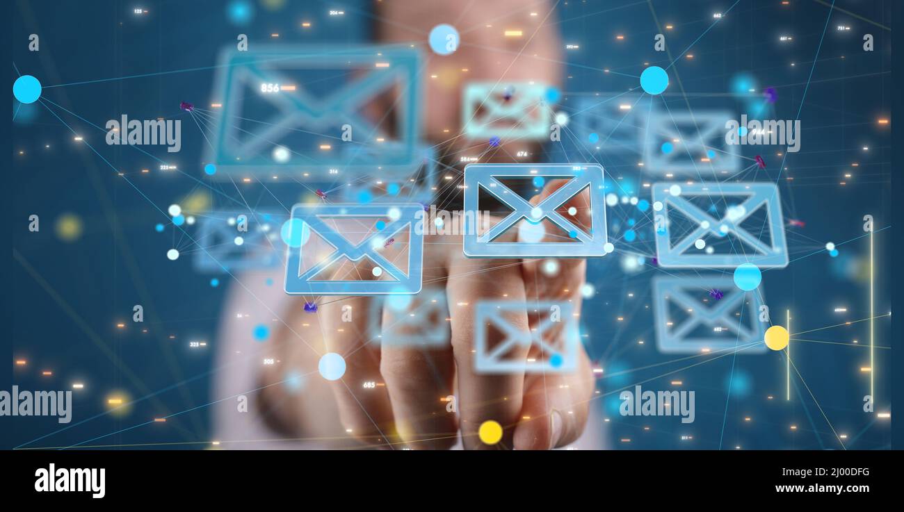 Pointing at flying email icons Stock Photo - Alamy