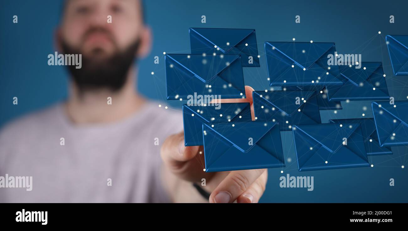 Touching 3D rendering flying email icons Stock Photo - Alamy