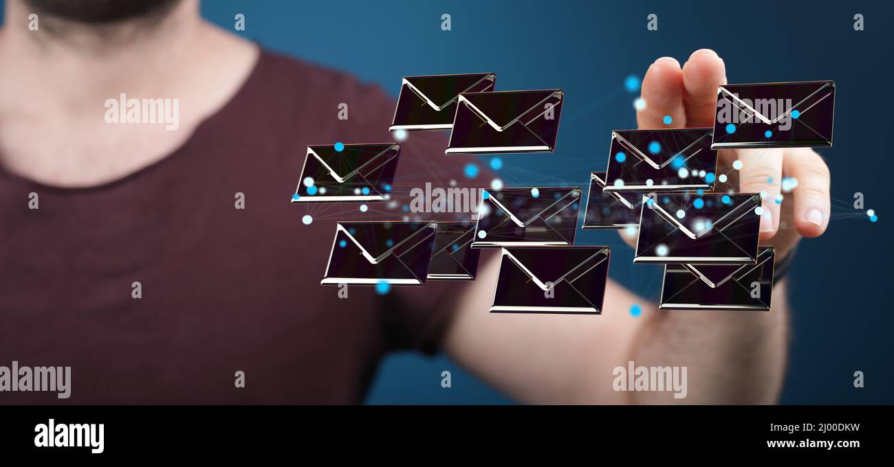 Touching 3D rendering flying email icons Stock Photo - Alamy