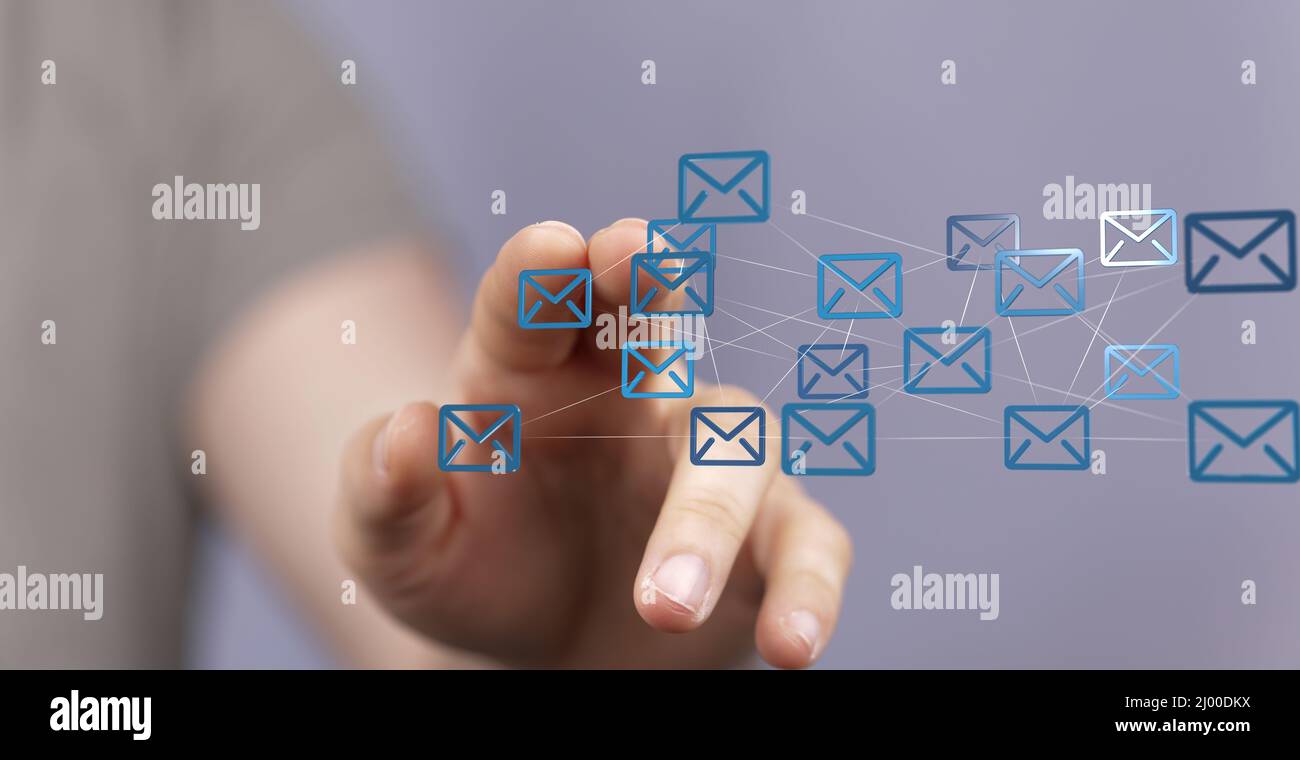 Touching 3D rendering flying email icons Stock Photo - Alamy