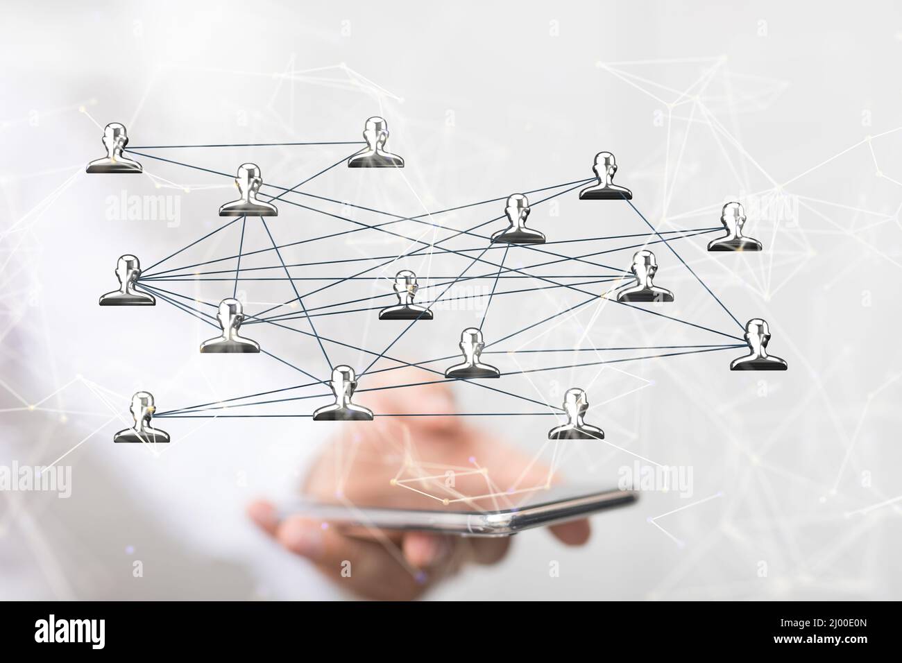 Digital connections icons flying over mans hand Stock Photo - Alamy