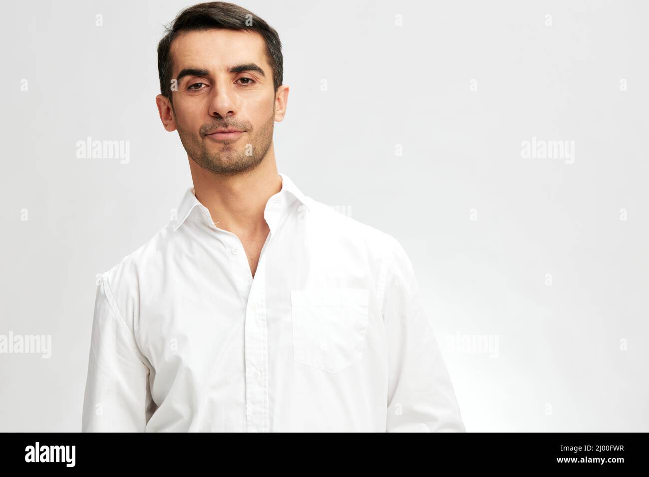 successful man in white shirts hand gesture copy-space self-confidence ...