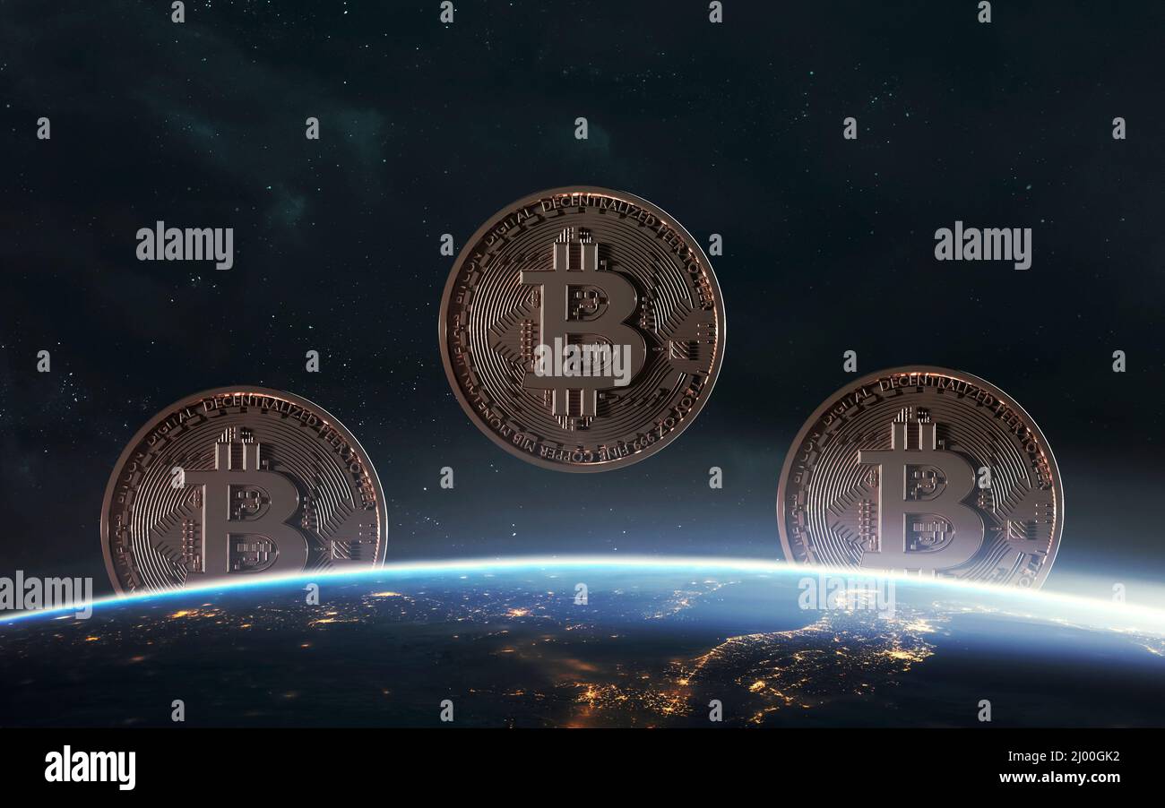 3D illustration of Bitcoin on the background of the planet Earth ...