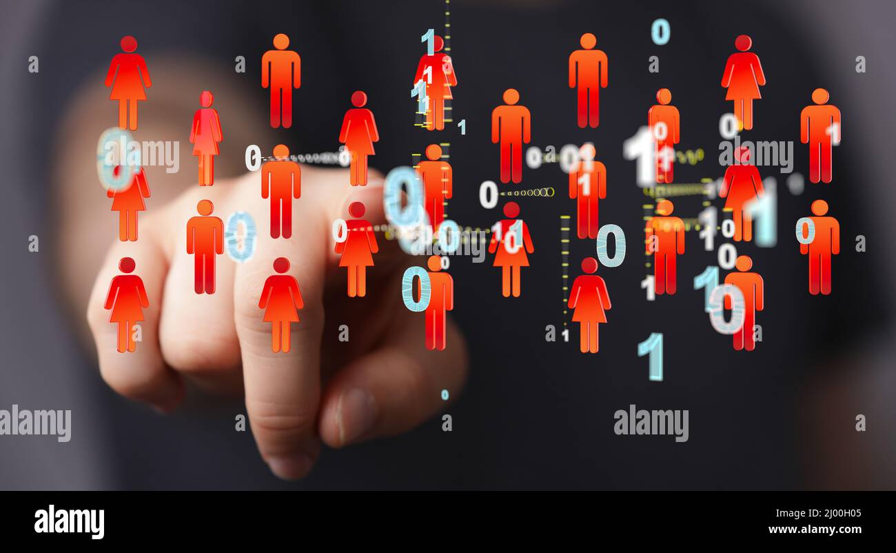 Person touching red person icons - Network and internet communication ...