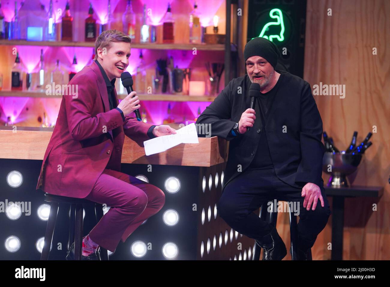 Berlin, Germany. 15th Mar, 2022. Comedian Till Reiners (l) has comedian ...