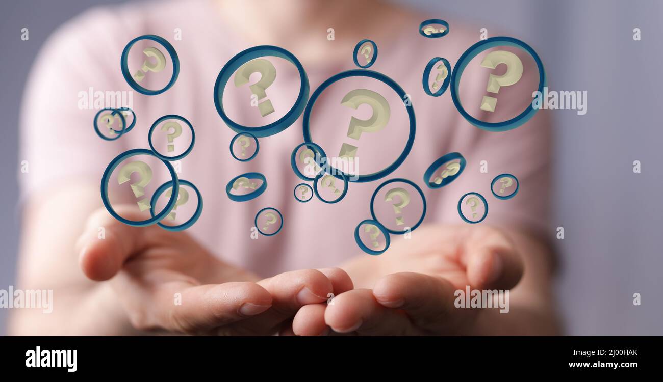 Digital question marks icons hovering over hands - problem solving ...