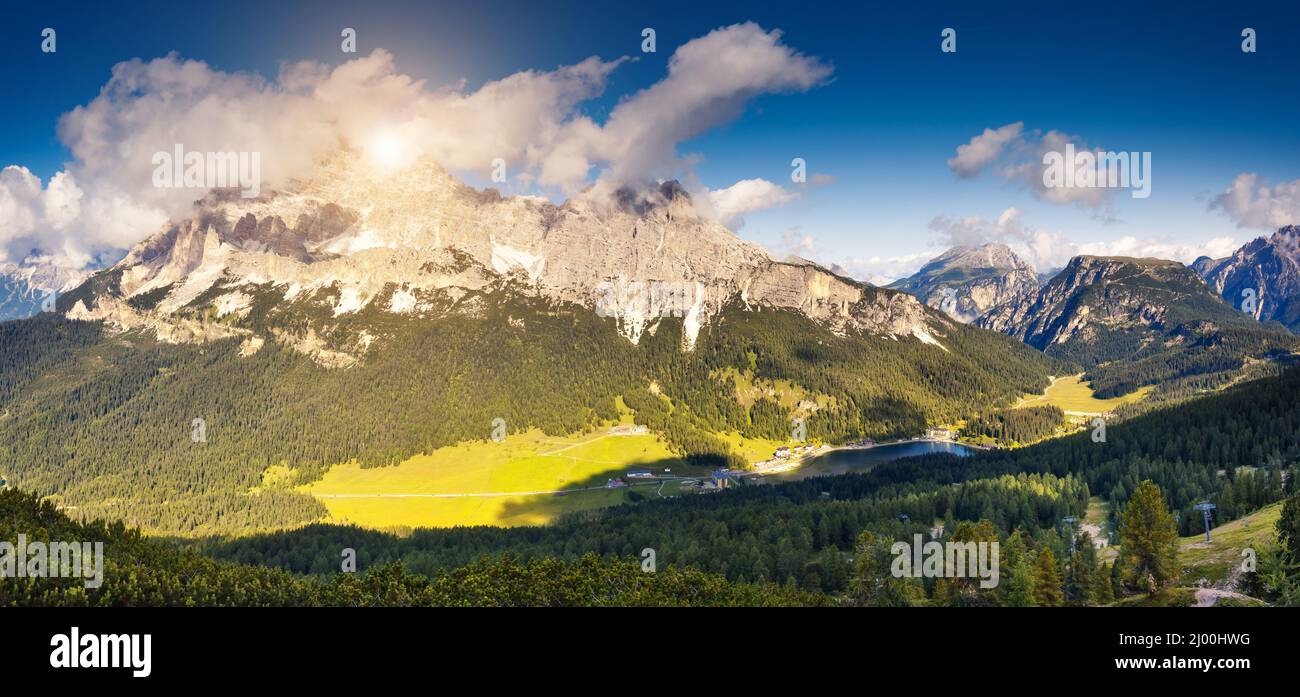 Sunny view of the wonderful alpine valley. Picturesque and gorgeous ...