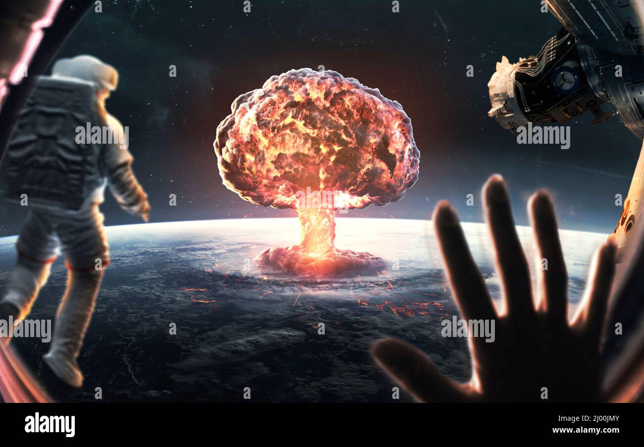 3D illustration of Nuclear explosion over planet earth. World war, end ...