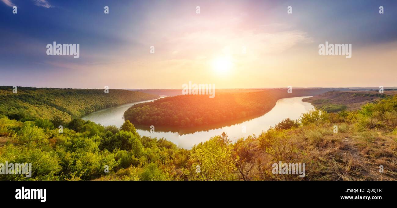 Fantastic view of the sinuous river flowing through mountains ...
