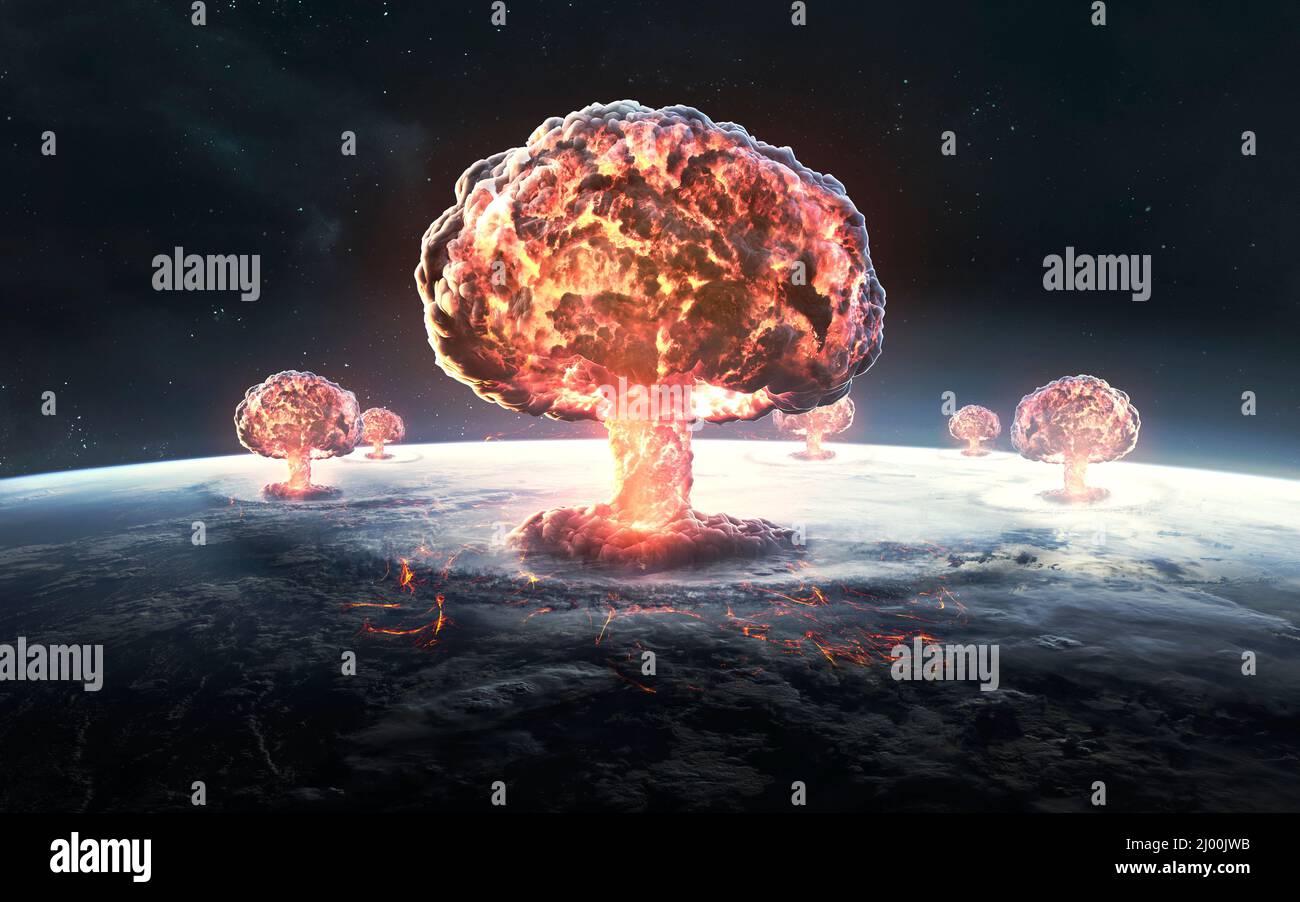 3D illustration of Nuclear explosions over planet earth. World war, end ...