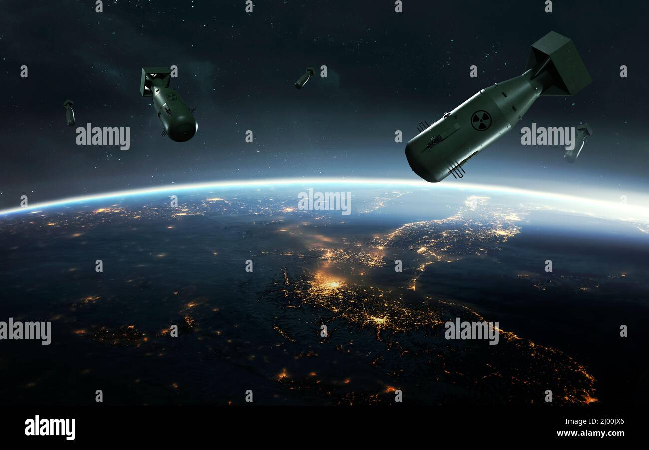 3D illustration of Nuclear bombs over planet earth. World war, end of ...