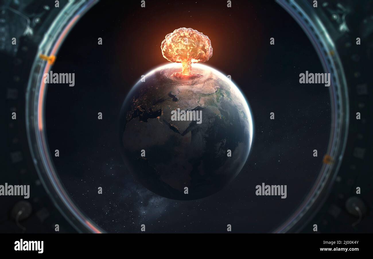 3D illustration of Nuclear explosion over planet earth. World war, end ...
