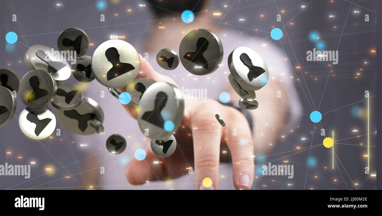 Hand reaching 3d rendered human icons for a business and communications ...
