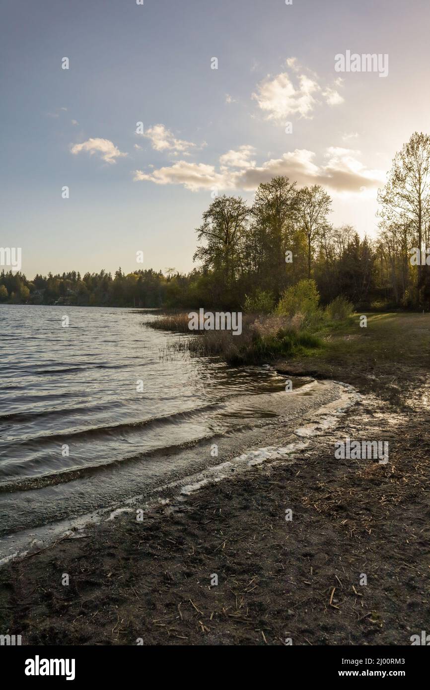 gravel edge of a lake curving into the distance Stock Photo - Alamy