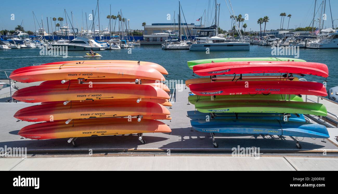 Stack of many colorful kayaks on the pier in Marina del Rey Stock Photo ...