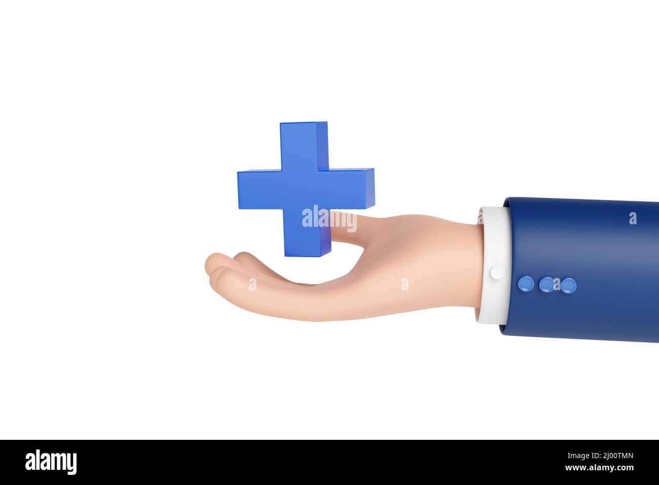 Cartoon hand holding a plus sign isolated on white background. 3d ...