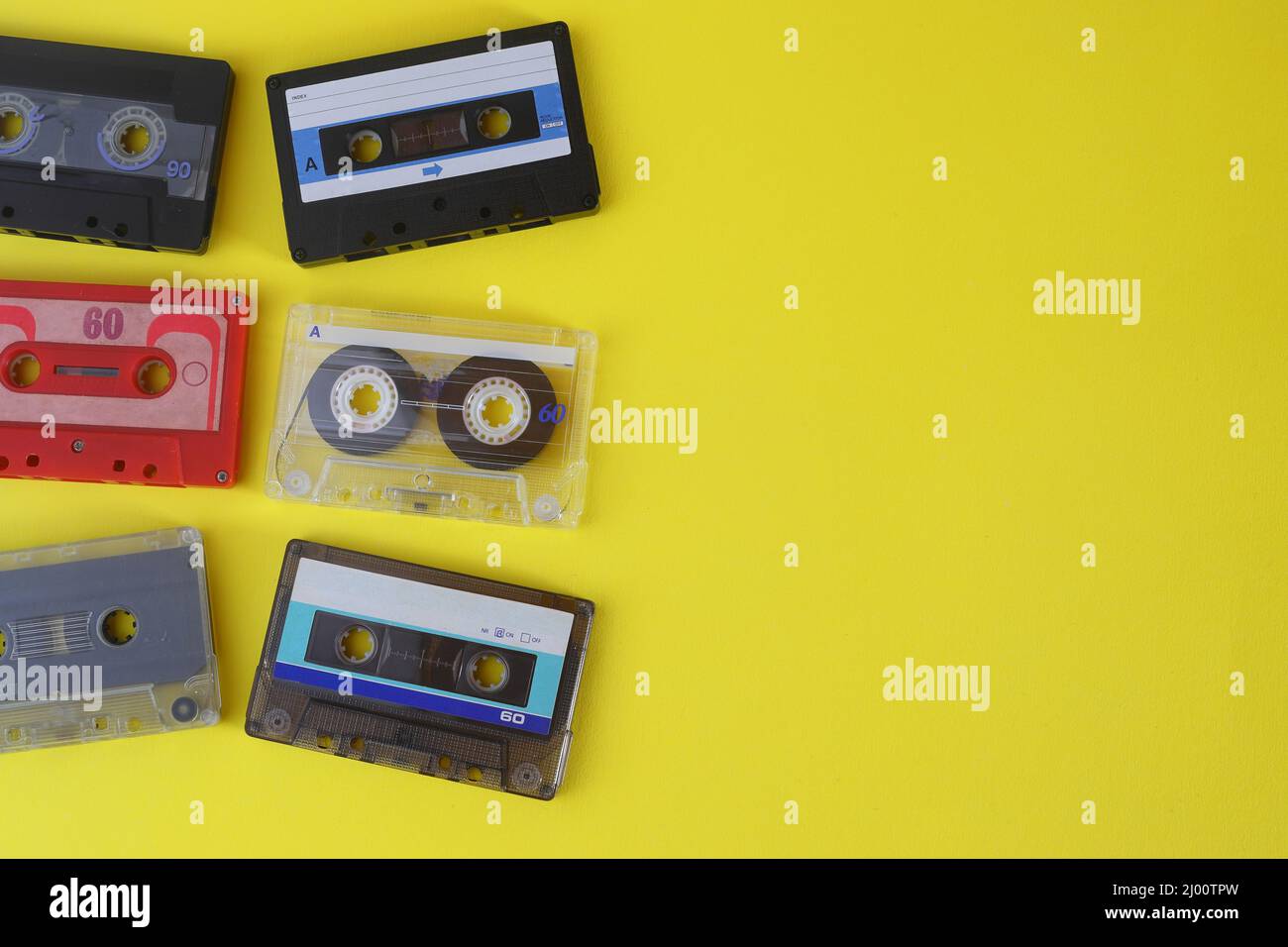 Retro audio cassette tape from the 80s and 90s on a yellow background ...