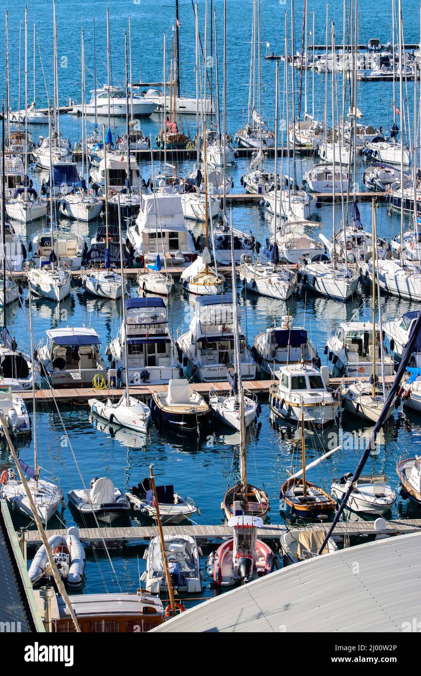 Vertical shot of a lines of Boats in the Genoa Seaport, Italy Stock ...