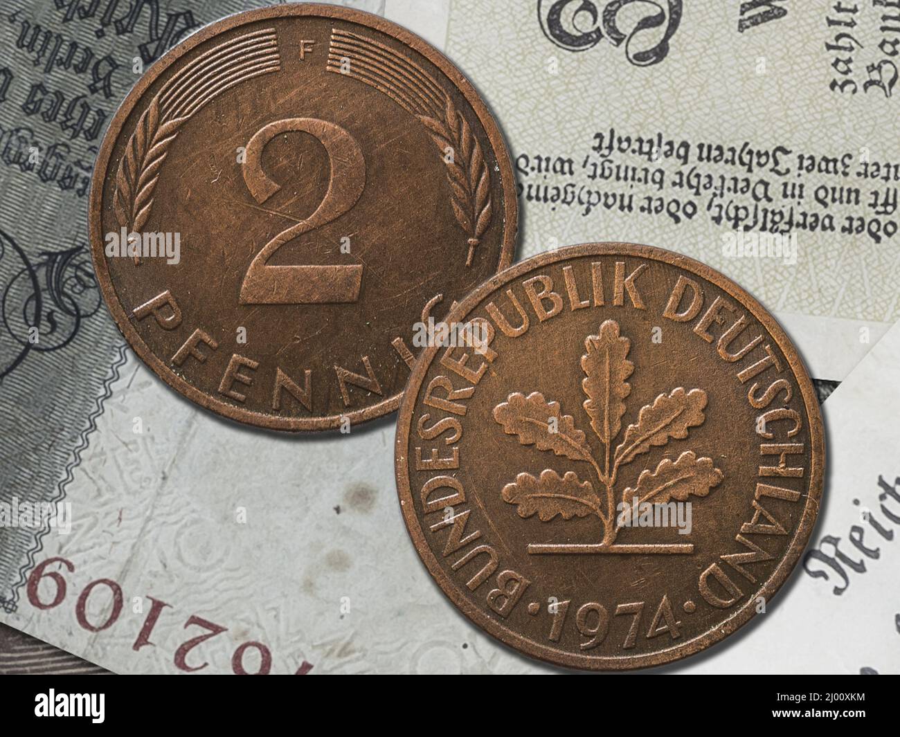 Top view of the front and back of a historic West Germany pfennig coin ...
