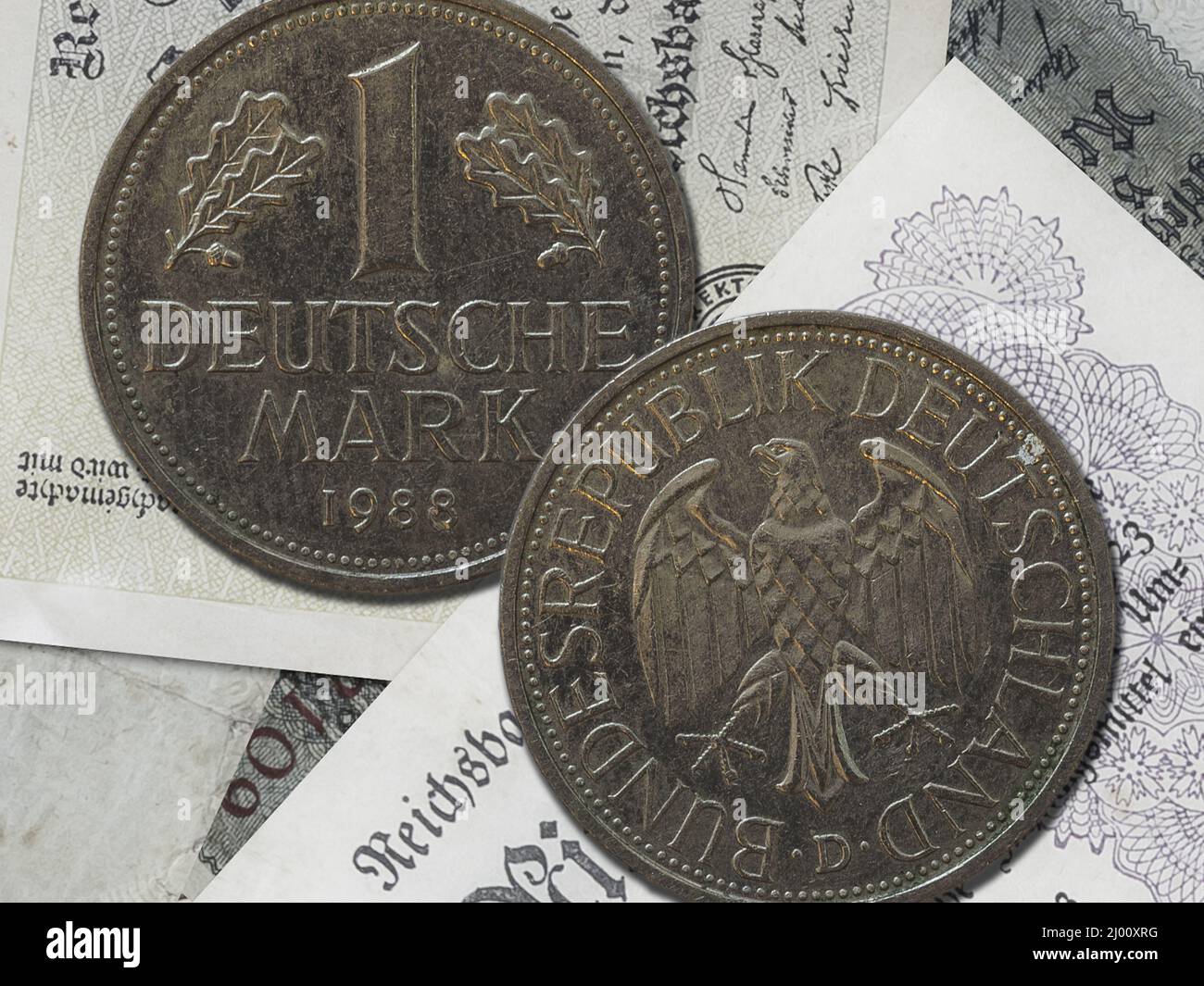 Top view of the front and back of a historic West Germany deutsche mark ...