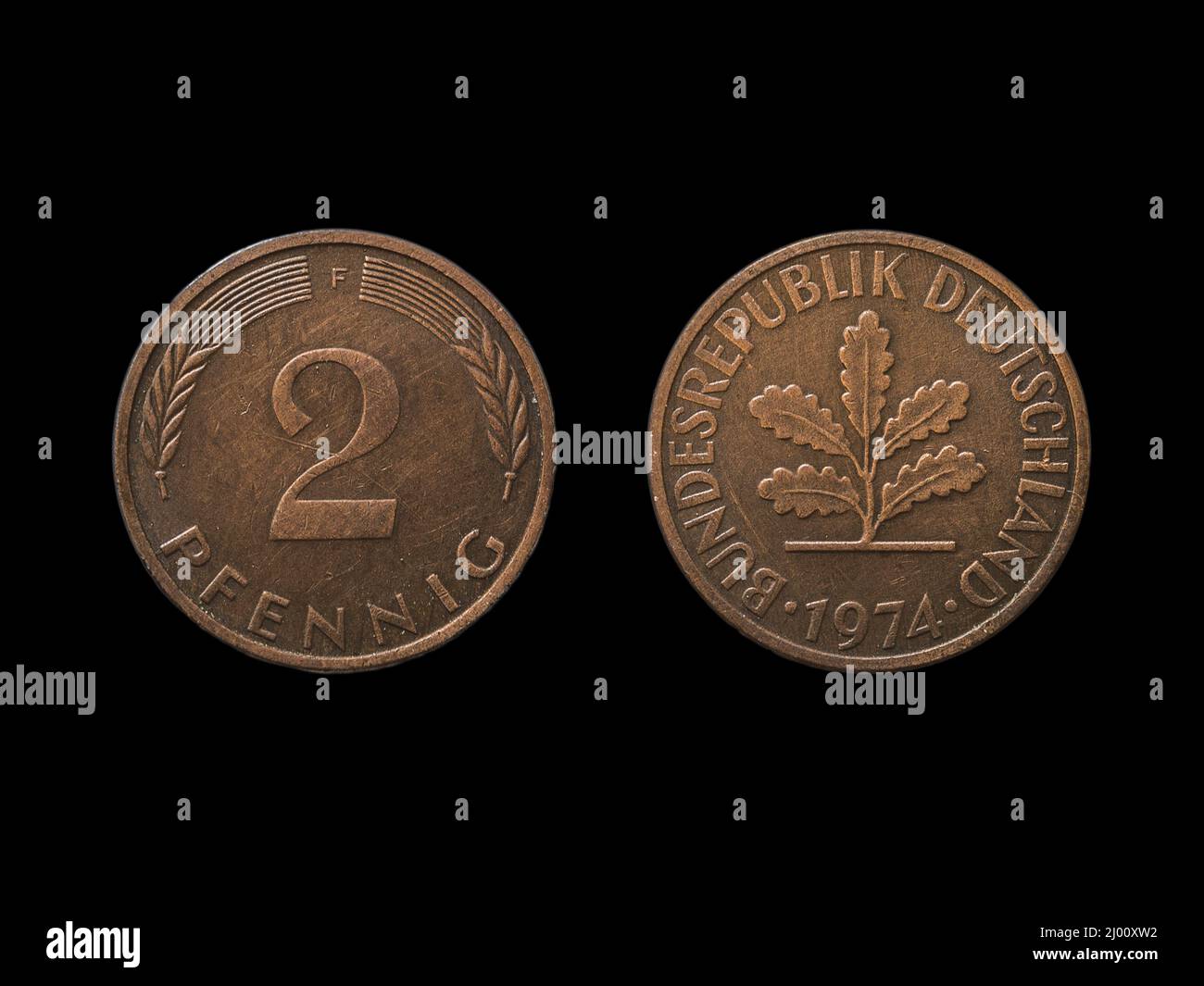 Top view of the front and back of a historic West Germany pfennig coin ...