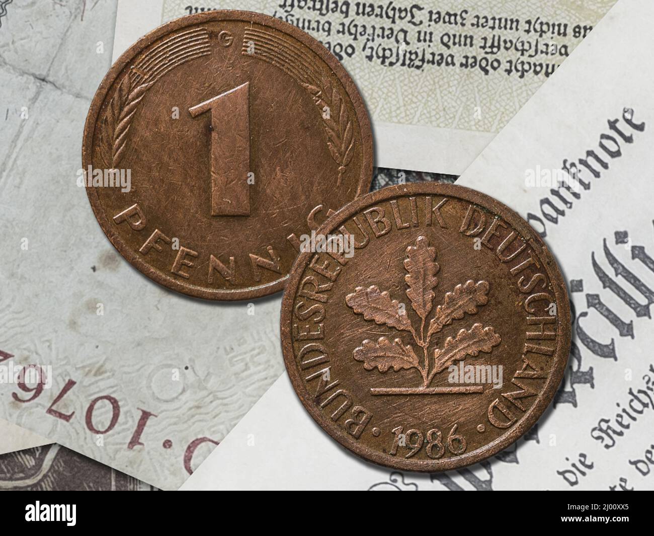 Top view of the front and back of a historic West Germany pfennig coin ...