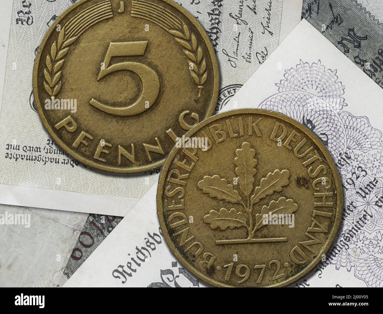Top view of the front and back of a historic West Germany pfennig coin ...