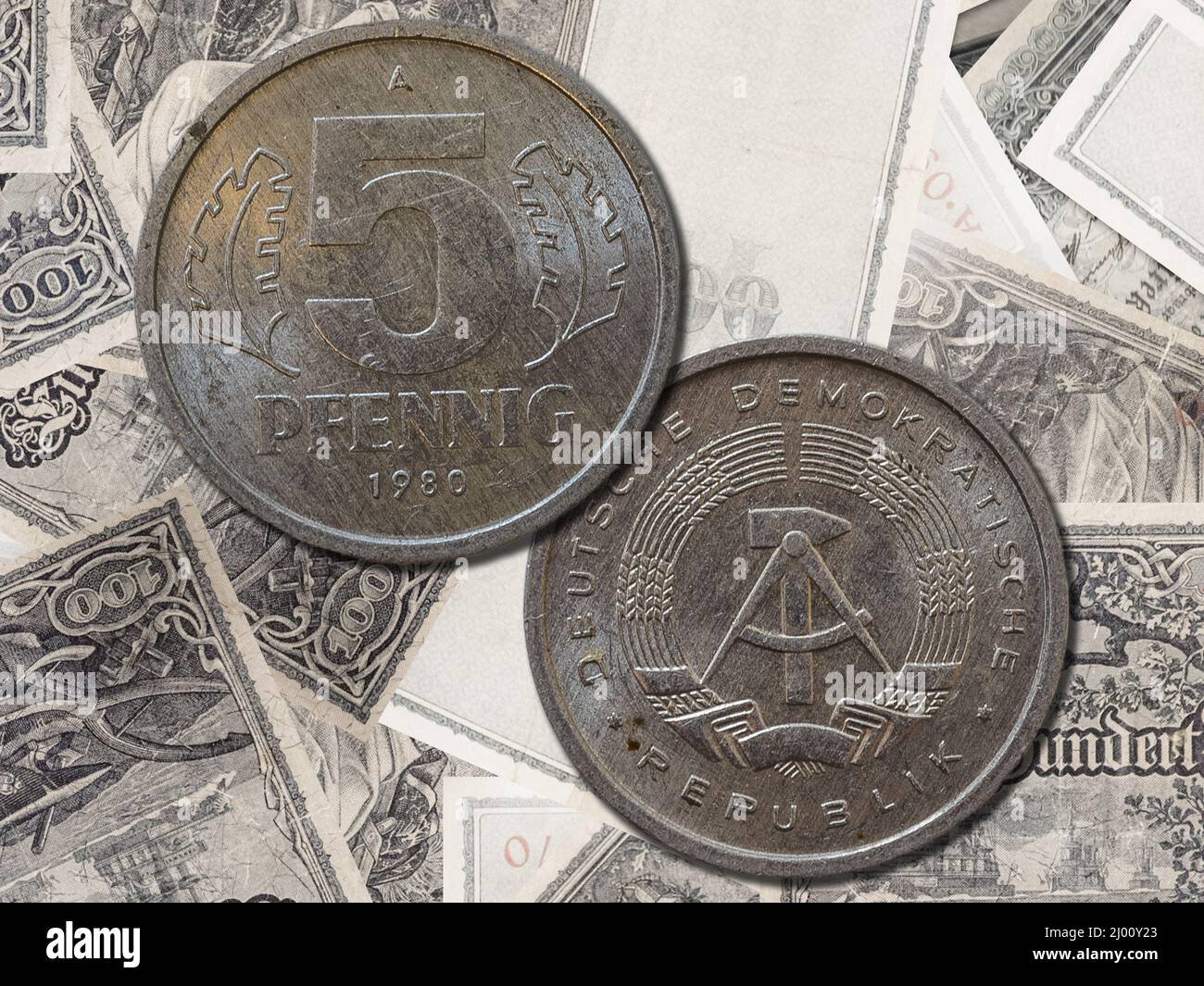 Top view of the front and back of a historic East Germany pfennig coin ...