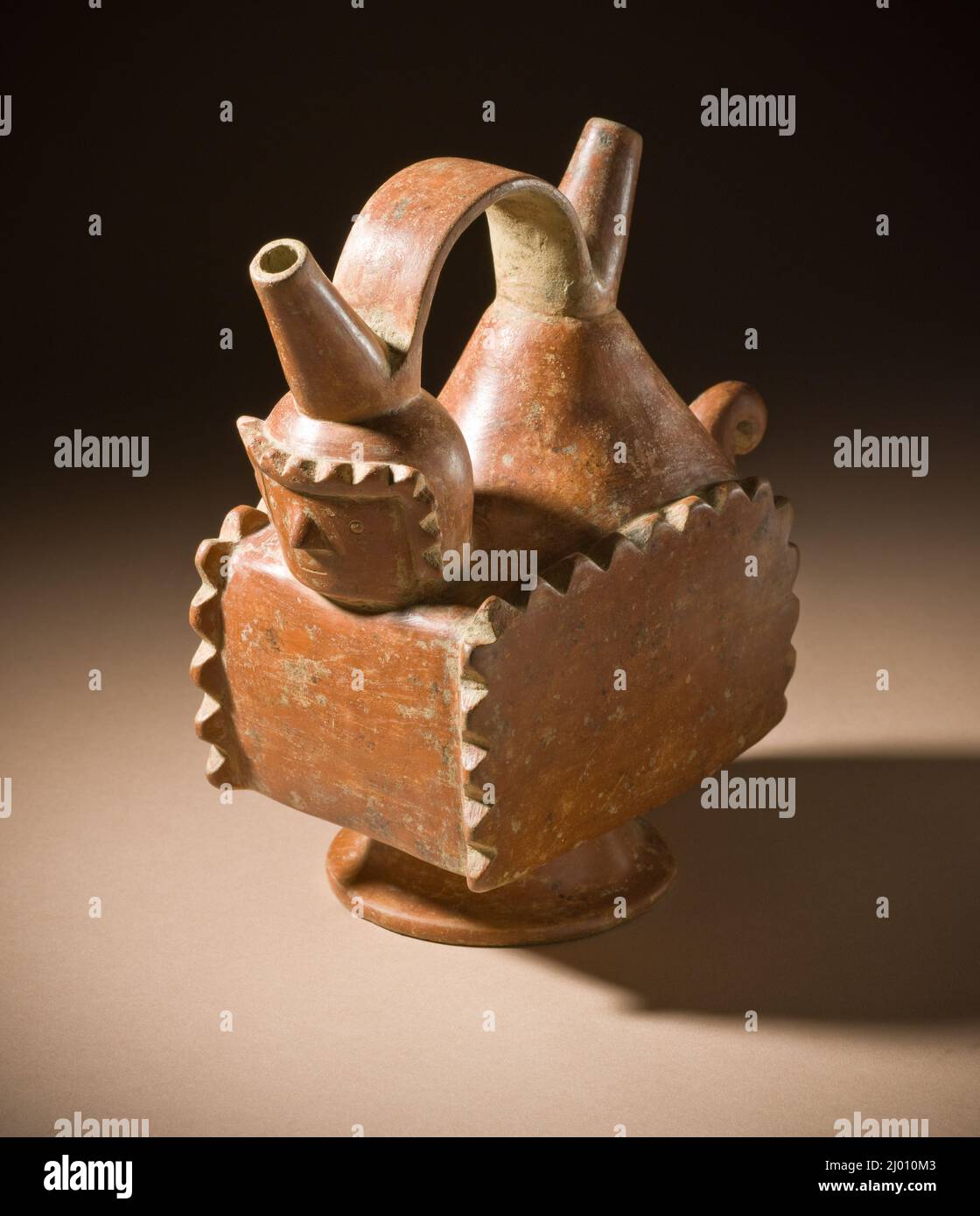 Double Spout and Strap Handle Vessel wih Mythological Figure. Colombia ...