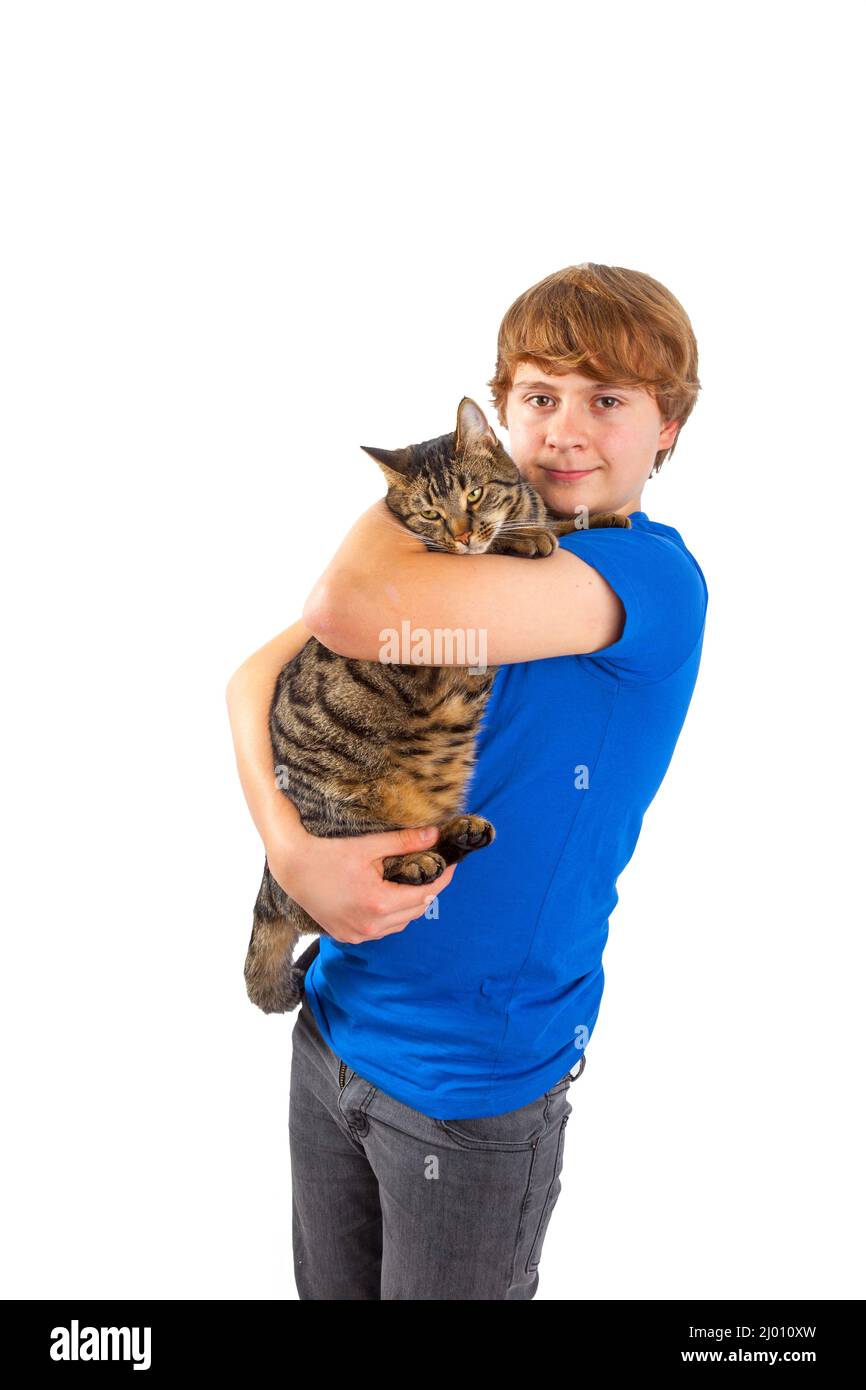 boy hugging with his cat Stock Photo - Alamy