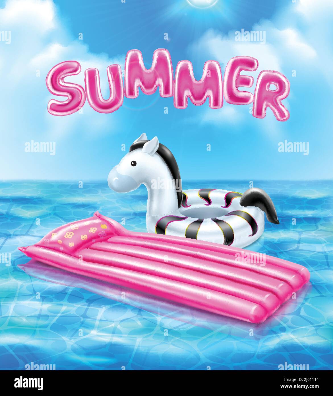 Summer realistic blue poster with inflatable swimming life raft for ...