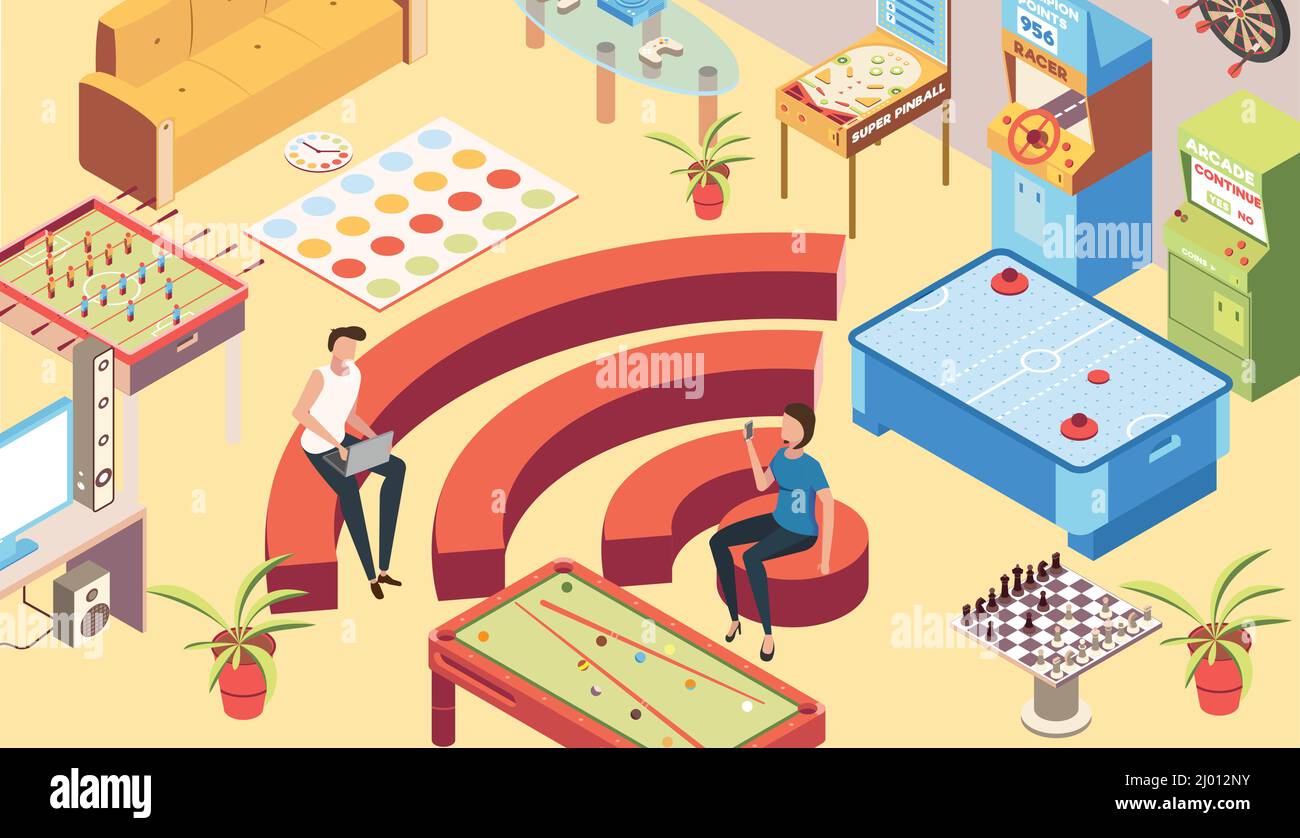 Recreation room isometric background with wifi zone symbols vector ...