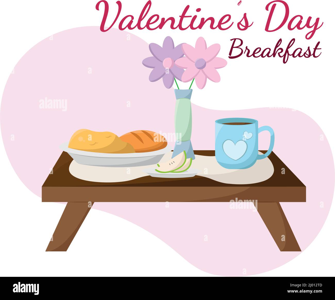 Isolated table with a romantic breakfast and flowers Valentine day ...