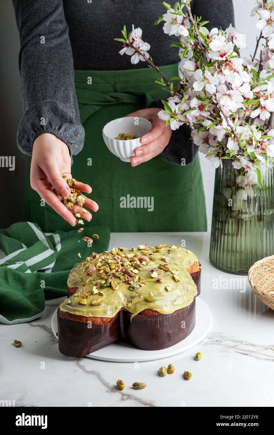 Colomba di Pasqua in the woman shef hands, traditional italian easter ...