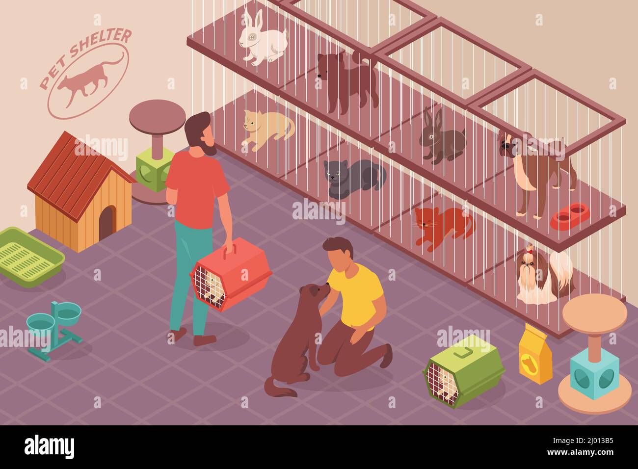 Homeless animals isometric composition with indoor view of pet shelter ...