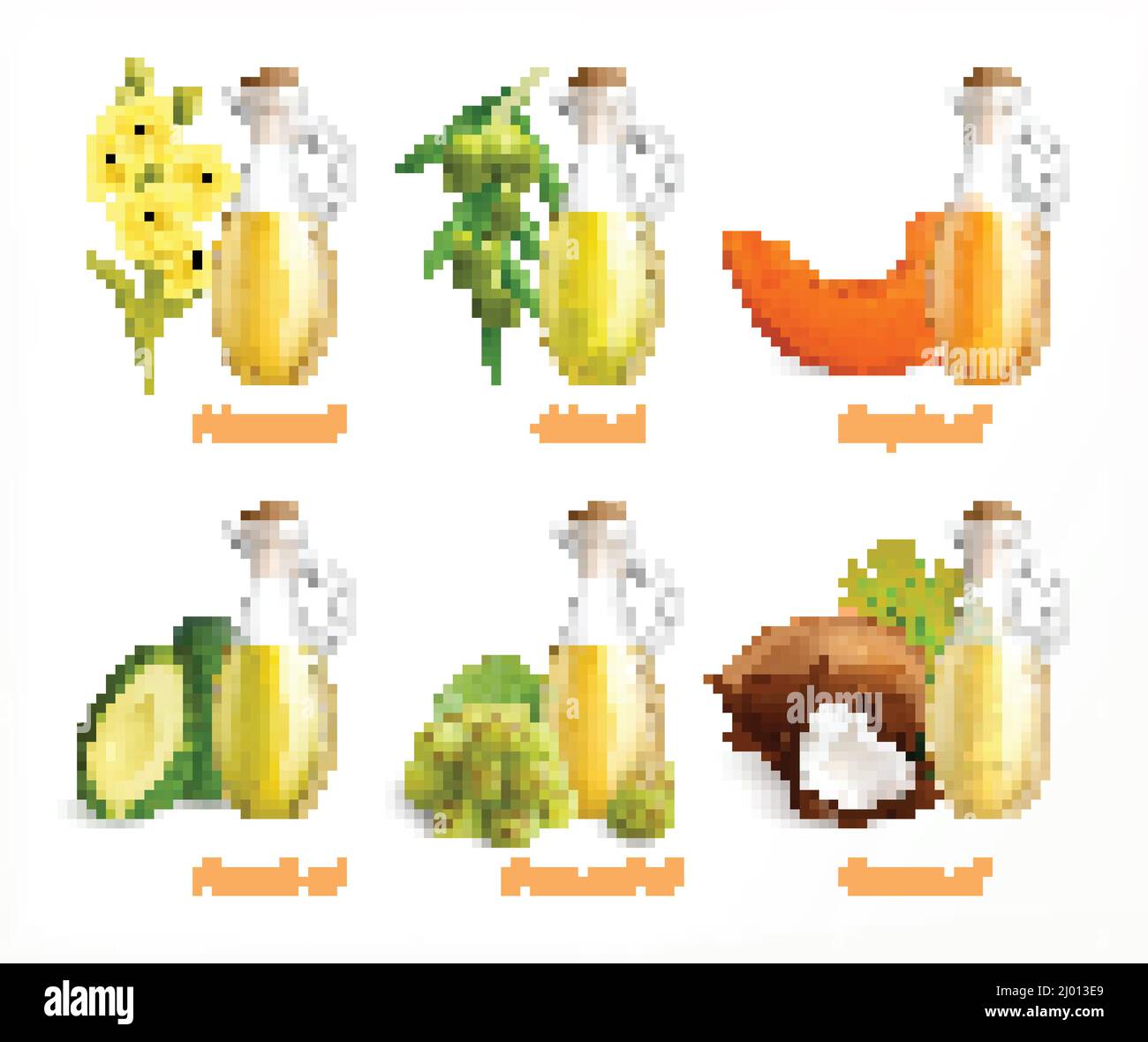 Food oils realistic icon set with mustard olive pumpkin avocado grape ...
