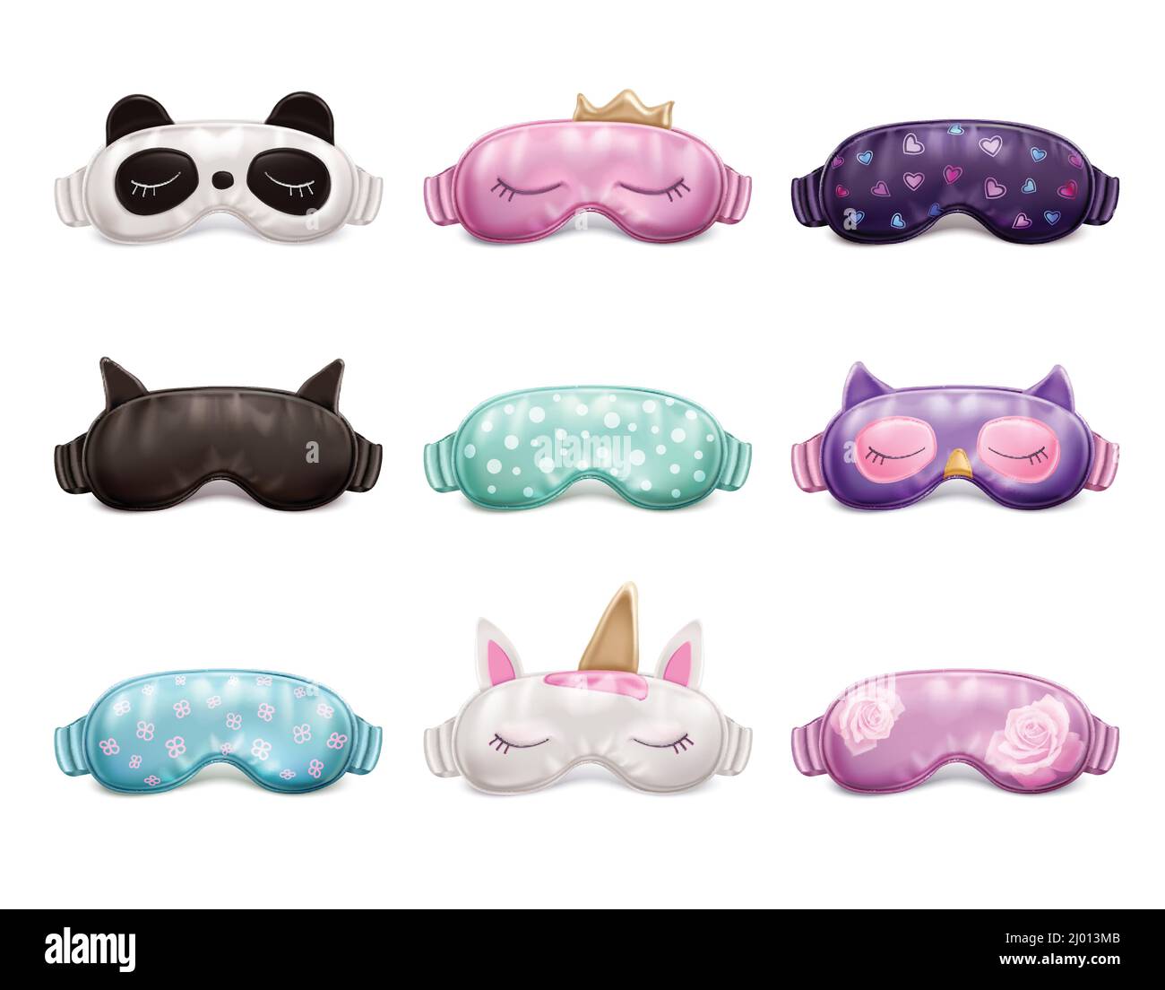 Realistic set of cute colorful sleeping masks with different patterns ...